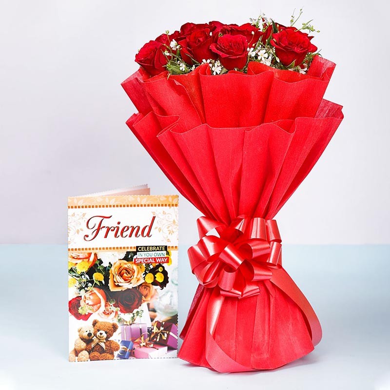 Buy Red Roses With Friend Greeting Card Online - OyeGifts